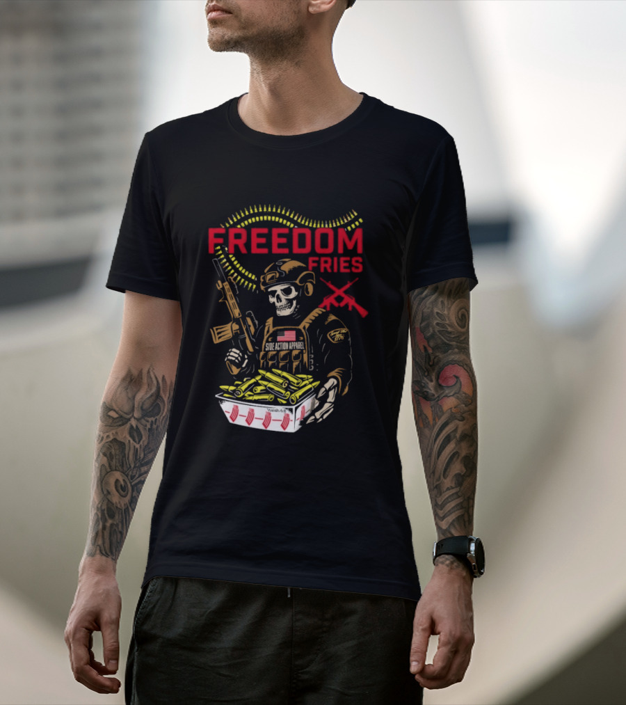 Freedom Fries Military Skeleton With USA Flag And Rifle T-Shirt