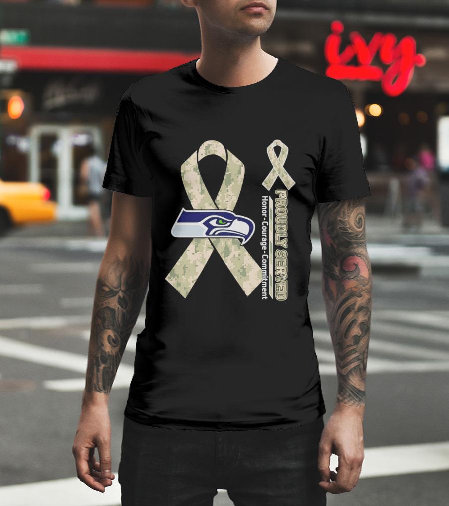 Seattle Seahawks Military Appreciation Proudly Served Honor Courage Commitment Ribbon T-Shirt
