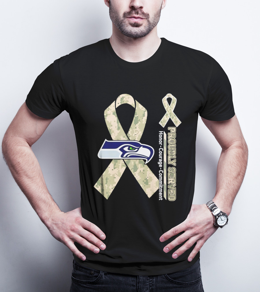 Seattle Seahawks Military Appreciation Proudly Served Honor Courage Commitment Ribbon T-Shirt