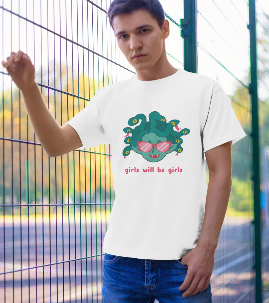 Green Medusa Head Pink Glasses Girls Will Be Girls T-Shirt
