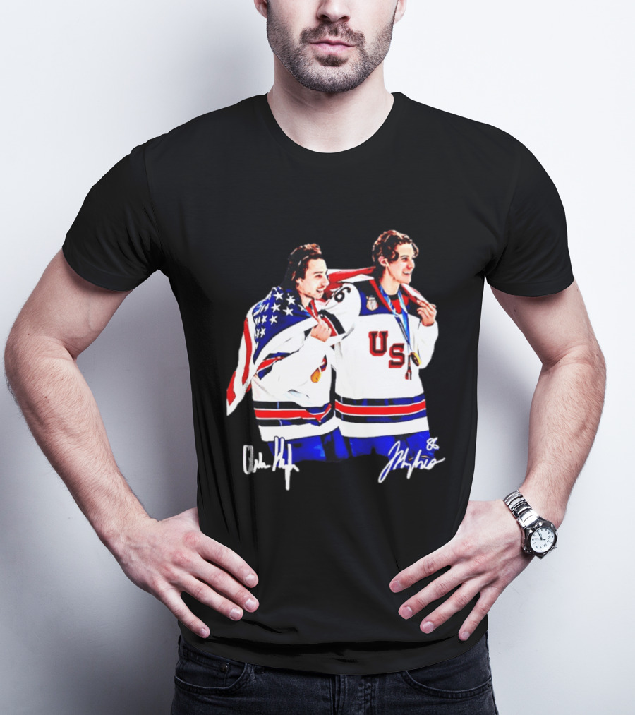 USA Hockey Golden Jack Hughes Jack Quinn American Flag Celebration T-Shirt
