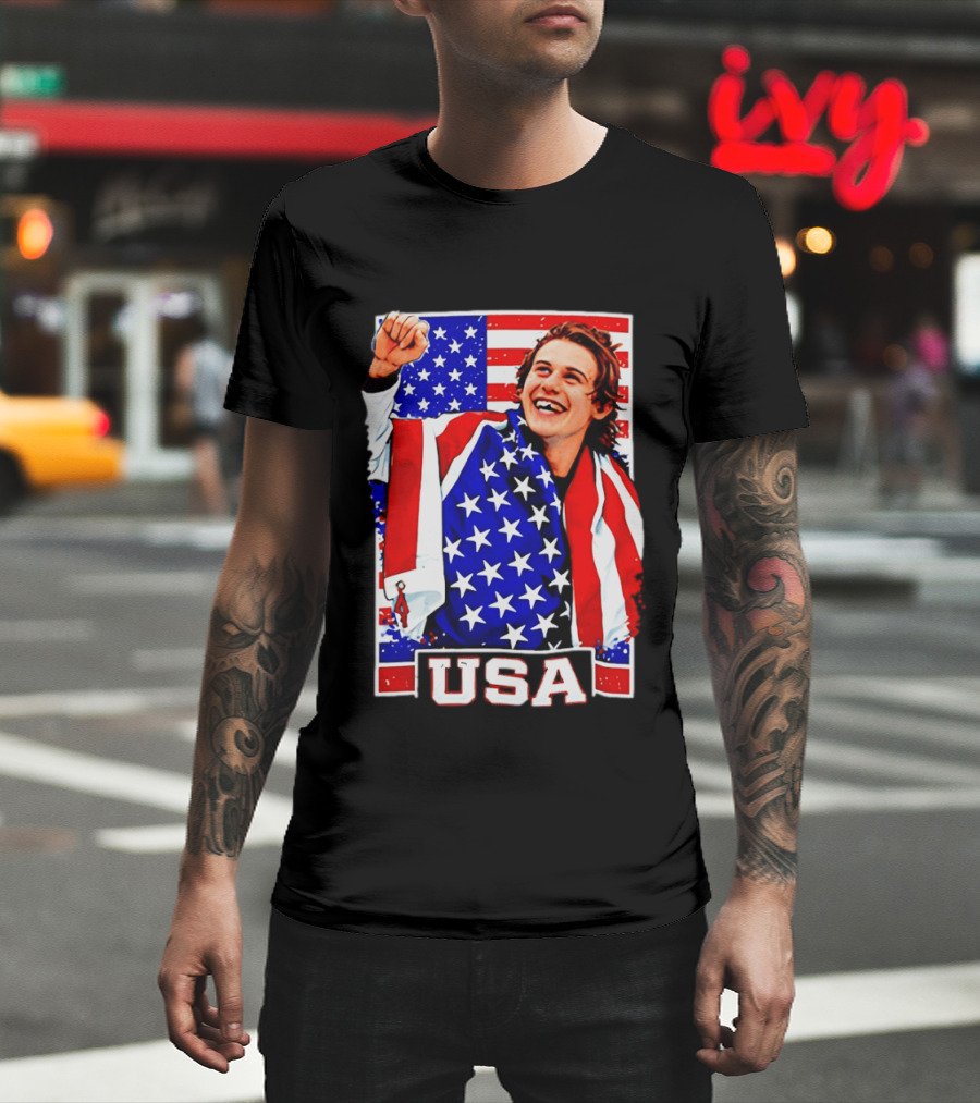 USA Flag Jack Hughes Olympic Hockey 2026 Golden Goal Celebration T-Shirt