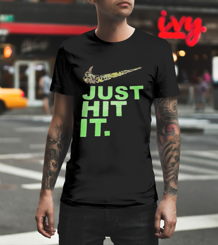 Just Hit It Classic Swoosh Flaming Bat Baseball T-Shirt