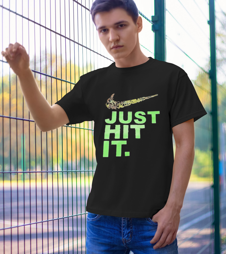 Just Hit It Classic Swoosh Flaming Bat Baseball T-Shirt