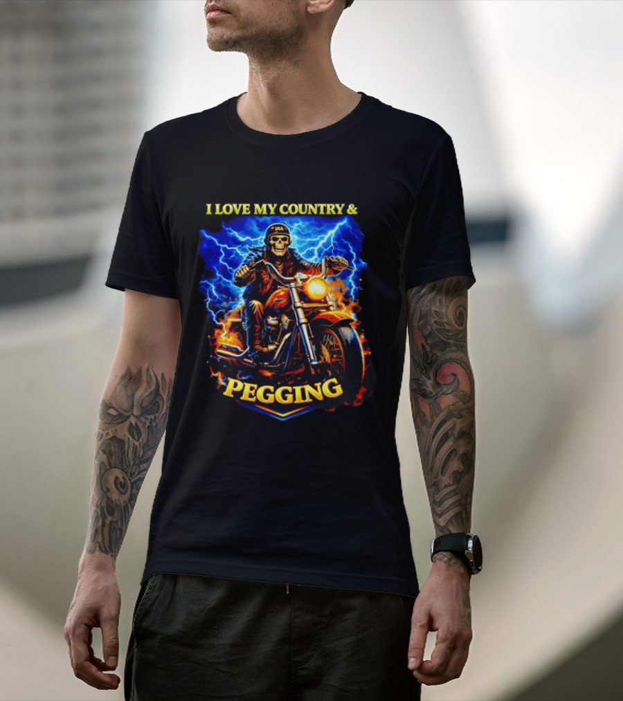 Skeleton USA Biker Riding Motorcycle I Love My Country Pegging T-Shirt
