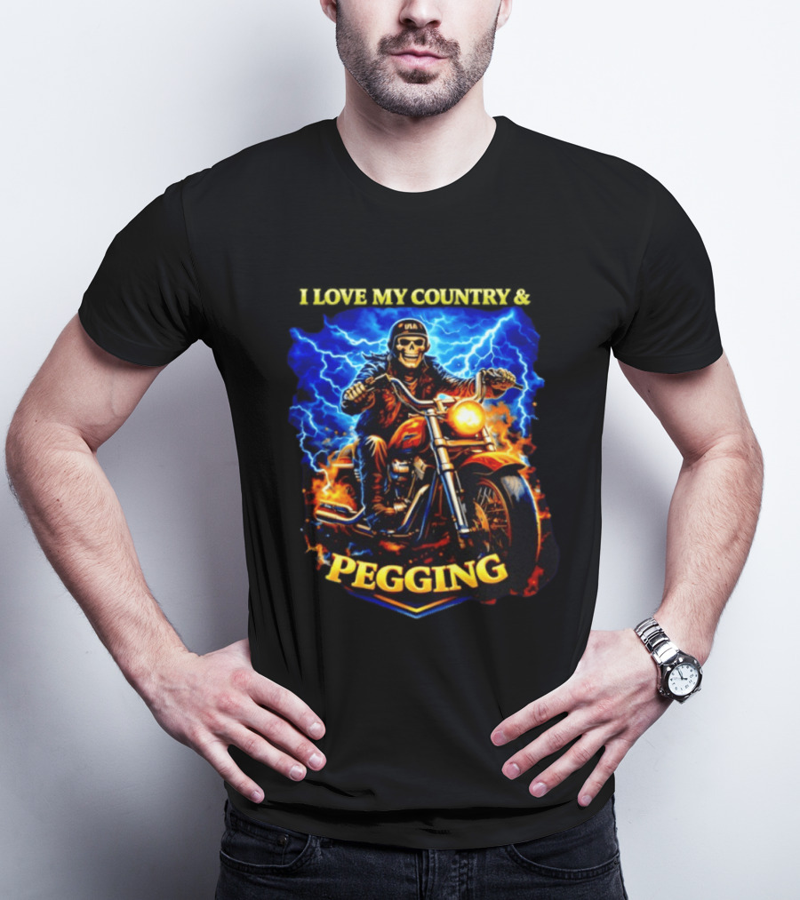 Skeleton USA Biker Riding Motorcycle I Love My Country Pegging T-Shirt