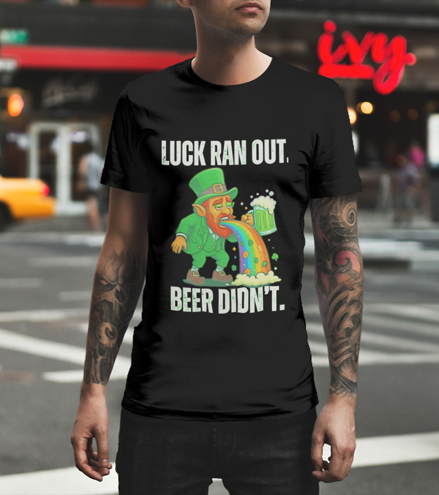 Leprechaun Drinking Beer Vomiting Rainbow Luck Ran Out St. Patrick's Day T-Shirt