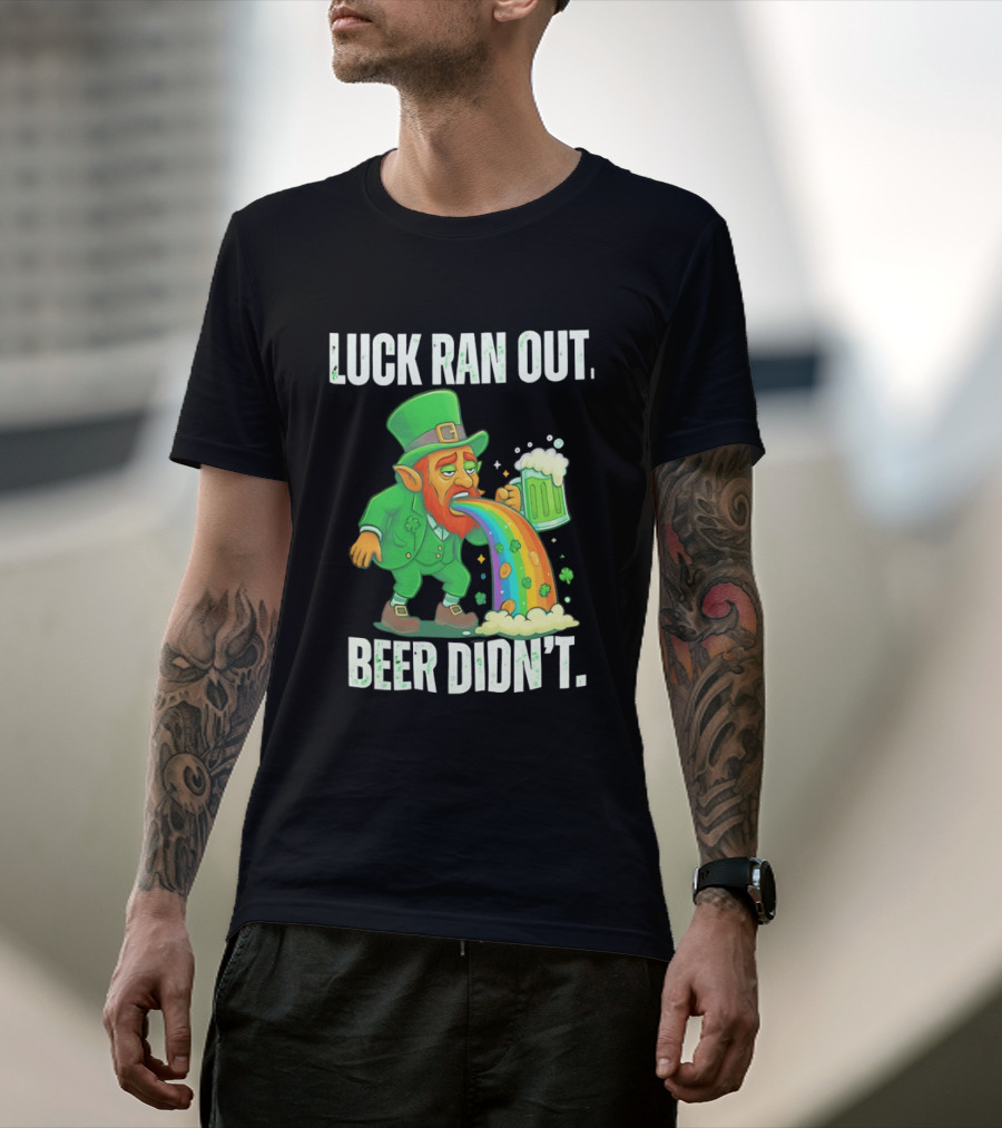 Leprechaun Drinking Beer Vomiting Rainbow Luck Ran Out St. Patrick's Day T-Shirt