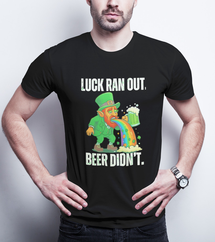 Leprechaun Drinking Beer Vomiting Rainbow Luck Ran Out St. Patrick's Day T-Shirt