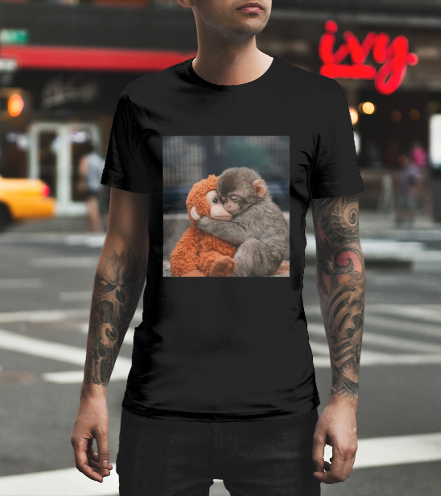 Punch Monkey Cute Baby Monkey Hugging Stuffed Toy T-Shirt