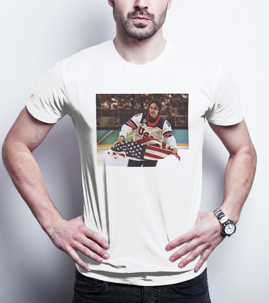 USA Hockey Jack Hughes American Flag Celebration T-Shirt