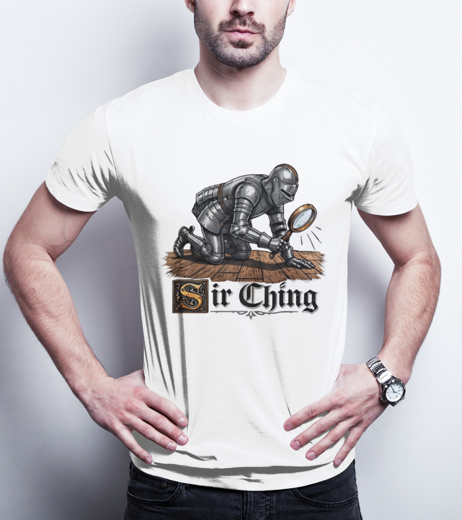 Sir Ching Medieval Knight With Magnifying Glass On Wooden Floor T-Shirt
