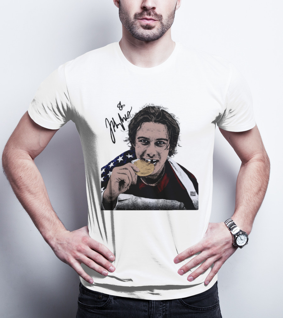USA Hockey Jack Hughes Gold Medal Bite American Flag T-Shirt