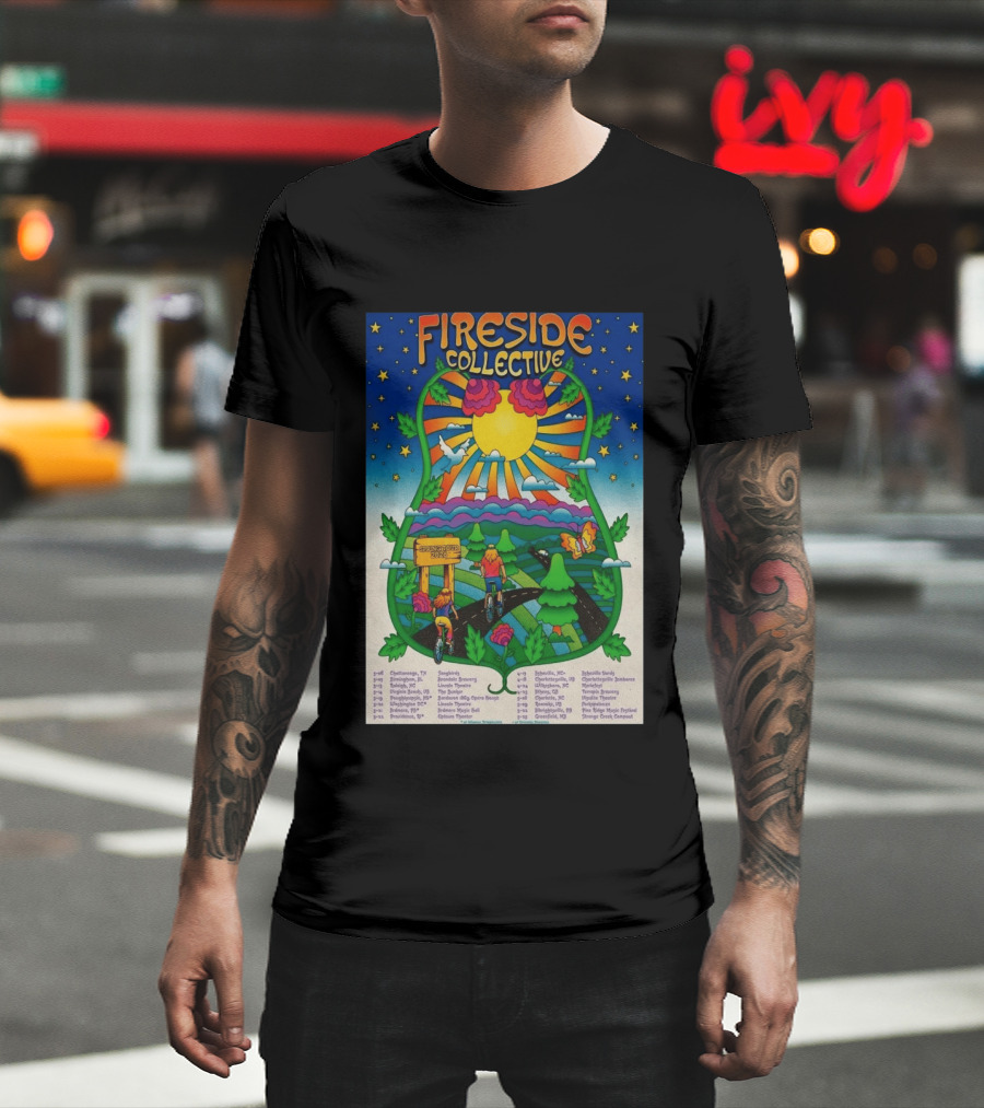 Fireside Collective Spring Tour 2026 Vibrant Cycling Adventure In Scenic Nature Landscape With Sunburst And Stars T-Shirt