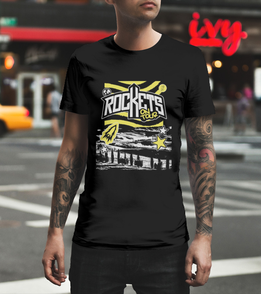 Rockets On Tour Yellow Stars Rocketship Waves Planet T-Shirt