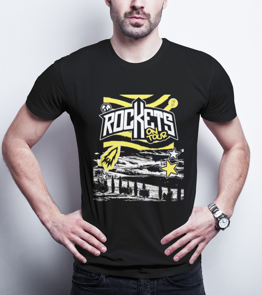 Rockets On Tour Yellow Stars Rocketship Waves Planet T-Shirt
