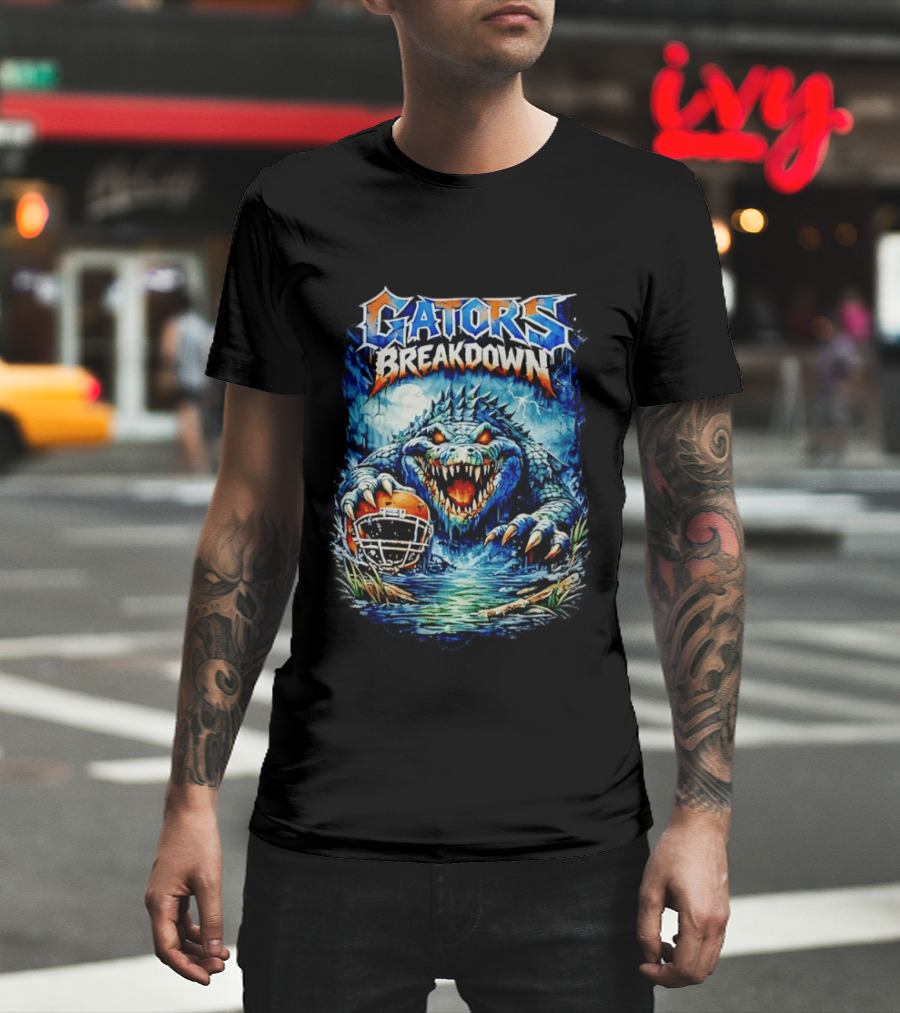 Gators Breakdown Swamp Metal Alligator With Football Helmet And Lightning T-Shirt