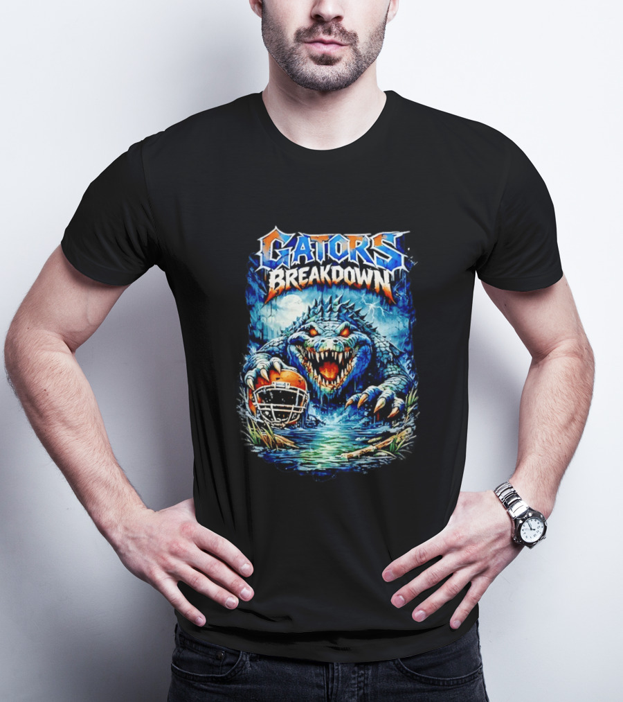 Gators Breakdown Swamp Metal Alligator With Football Helmet And Lightning T-Shirt