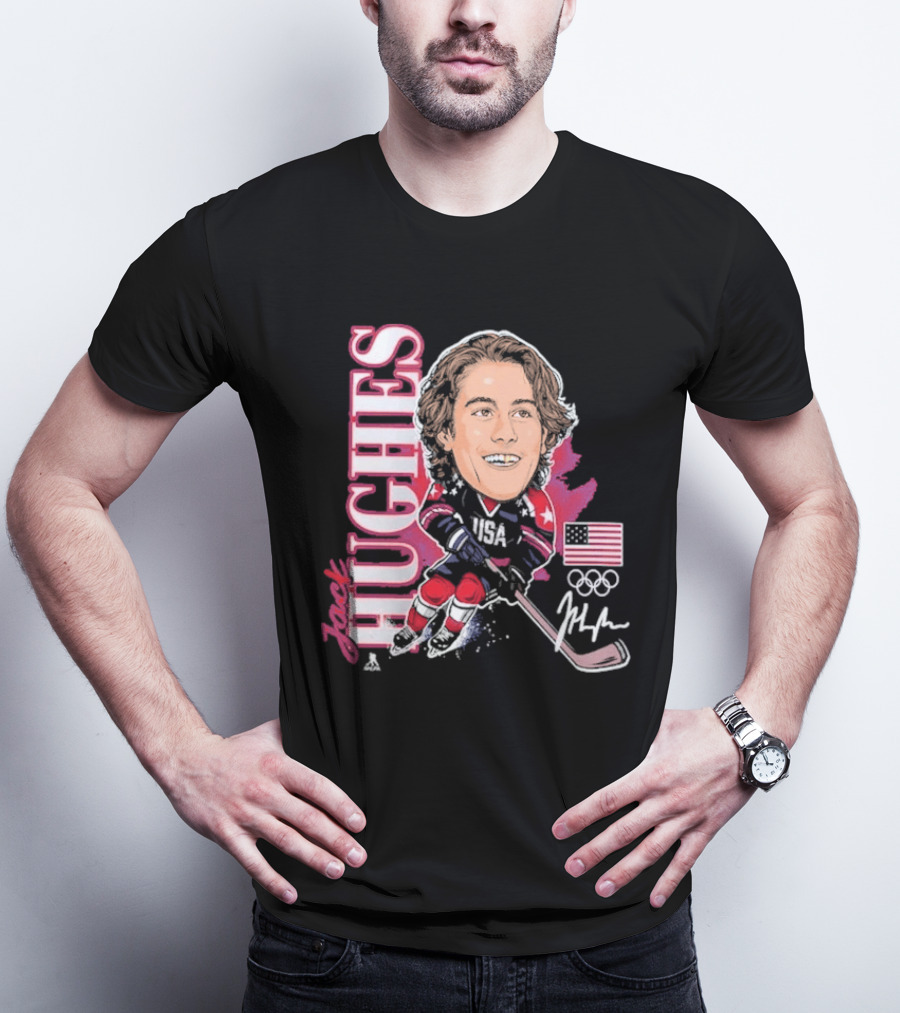 USA Hockey Jack Hughes Olympic Gold Medal Caricature With American Flag And Signature T-Shirt