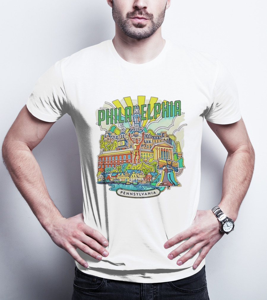 Philadelphia Pennsylvania Skyline Landmark Icons Liberty Bell Art Deco T-Shirt