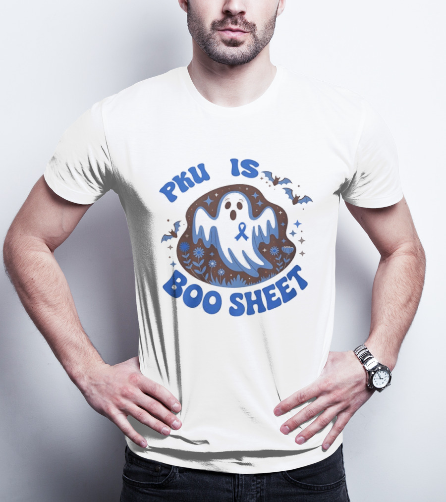 PKU Is Boo Sheet Blue Ribbon Ghost And Bat Halloween T-Shirt