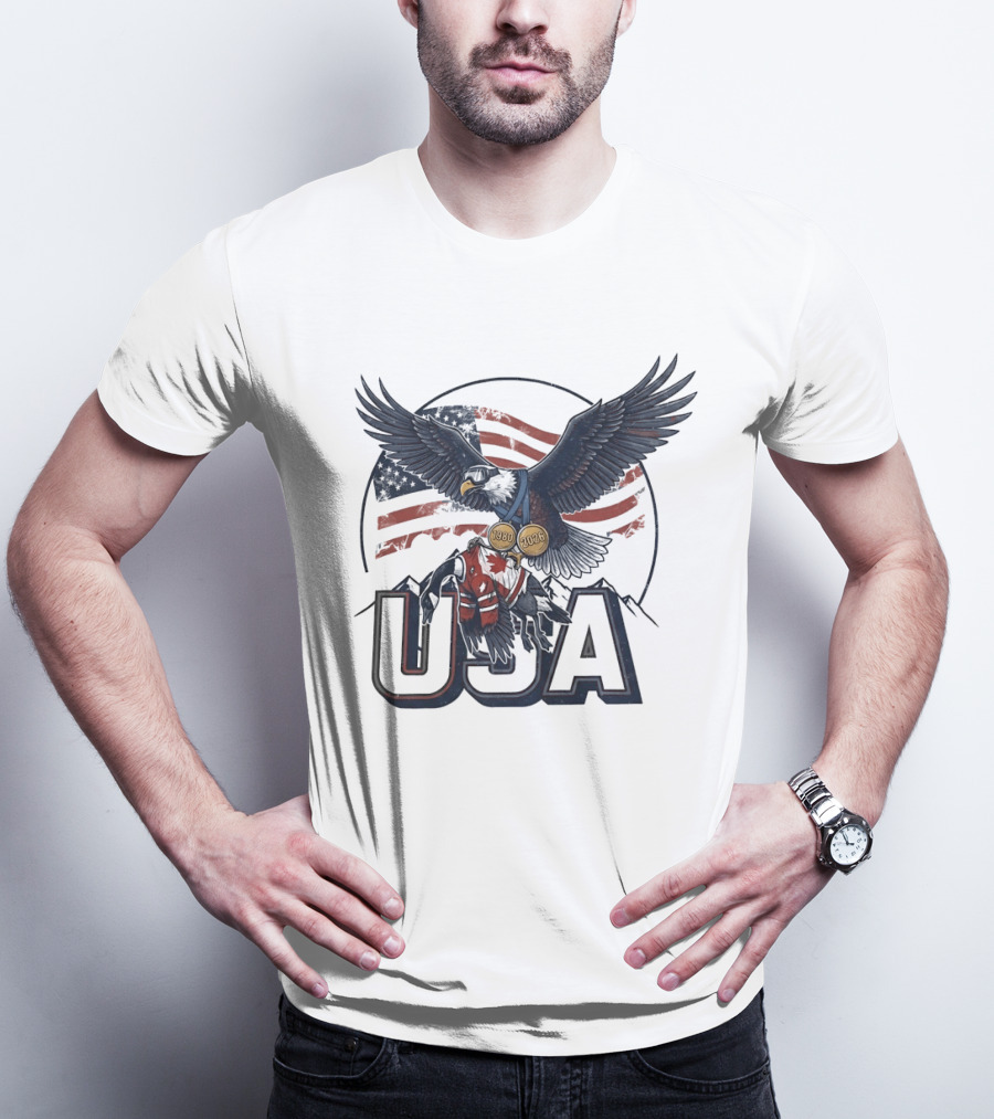 USA Eagle Ice Hockey Olympic Medals 1980 2026 American Flag T-Shirt