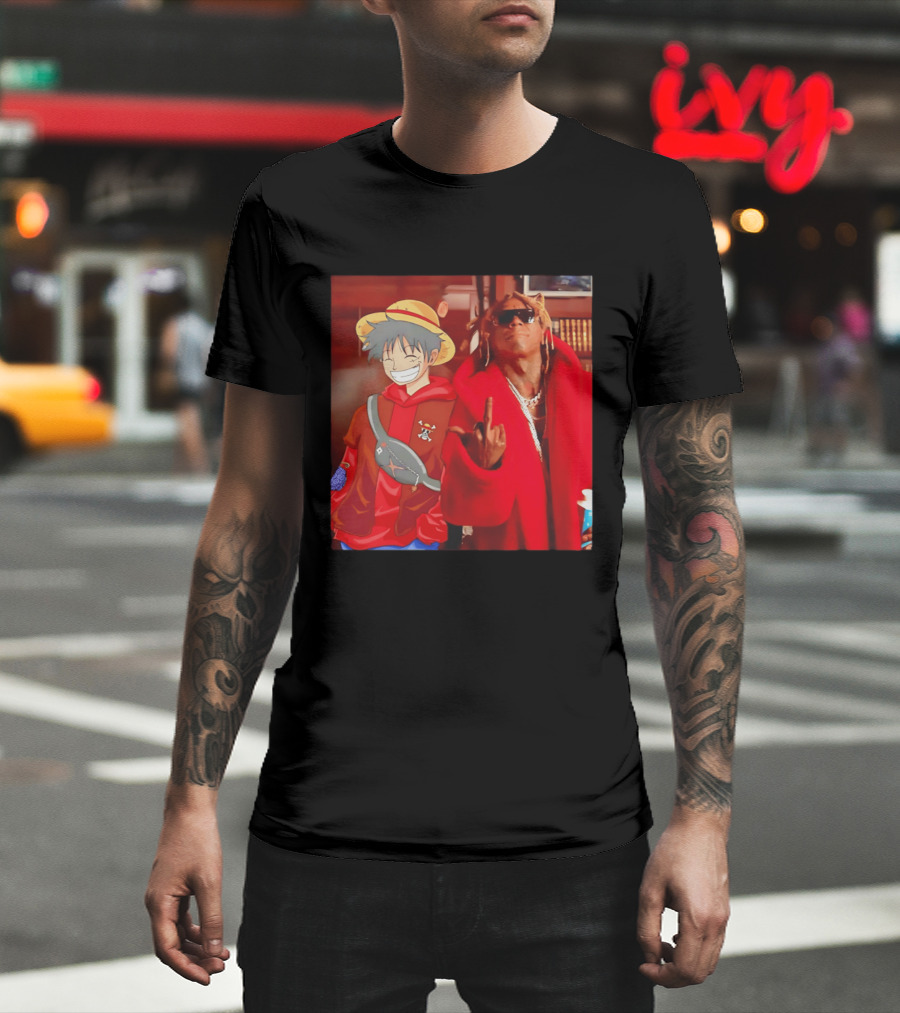 Lil Gum Monkey D. Luffy And Rapper Red Coat Outfit Fusion T-Shirt