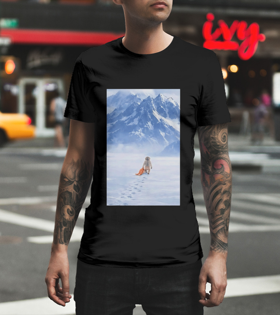 Monkey Holding Stuffed Monkey Alone Walking In Snowy Mountains T-Shirt