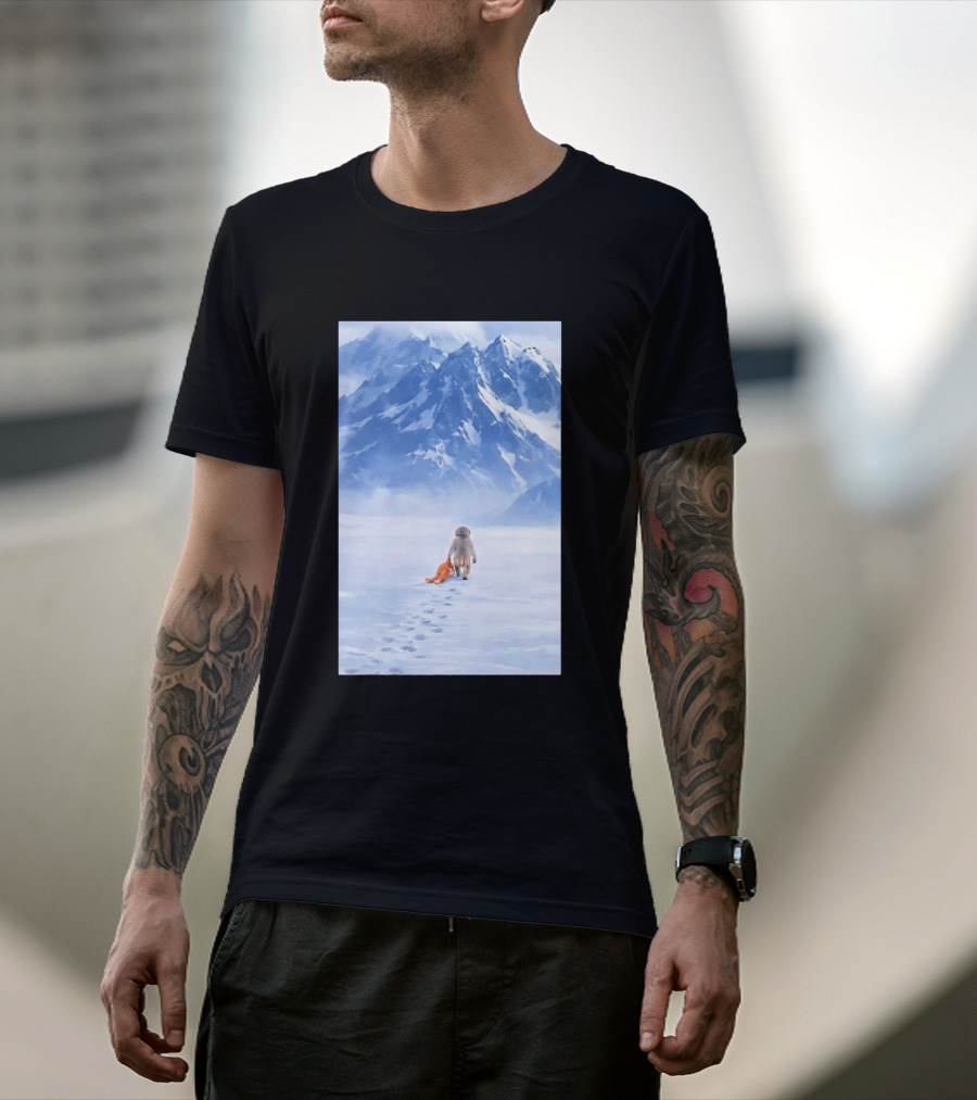 Monkey Holding Stuffed Monkey Alone Walking In Snowy Mountains T-Shirt