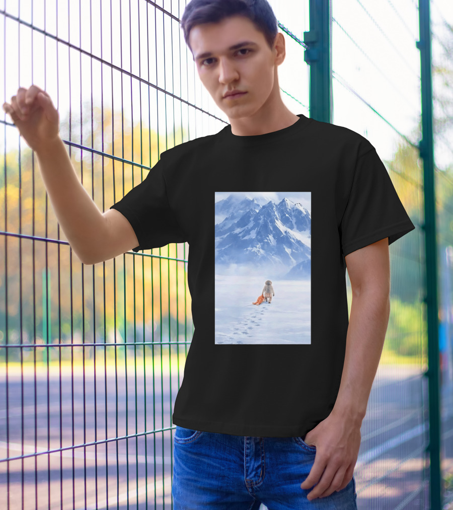 Monkey Holding Stuffed Monkey Alone Walking In Snowy Mountains T-Shirt