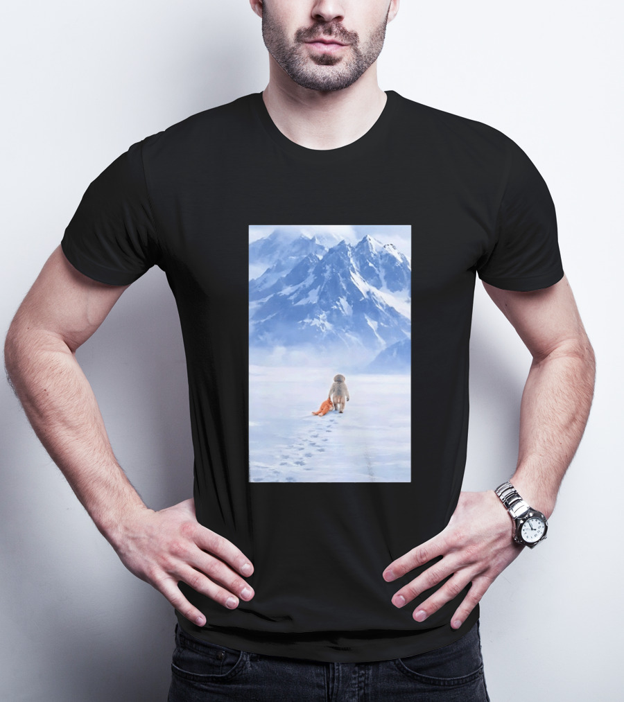 Monkey Holding Stuffed Monkey Alone Walking In Snowy Mountains T-Shirt