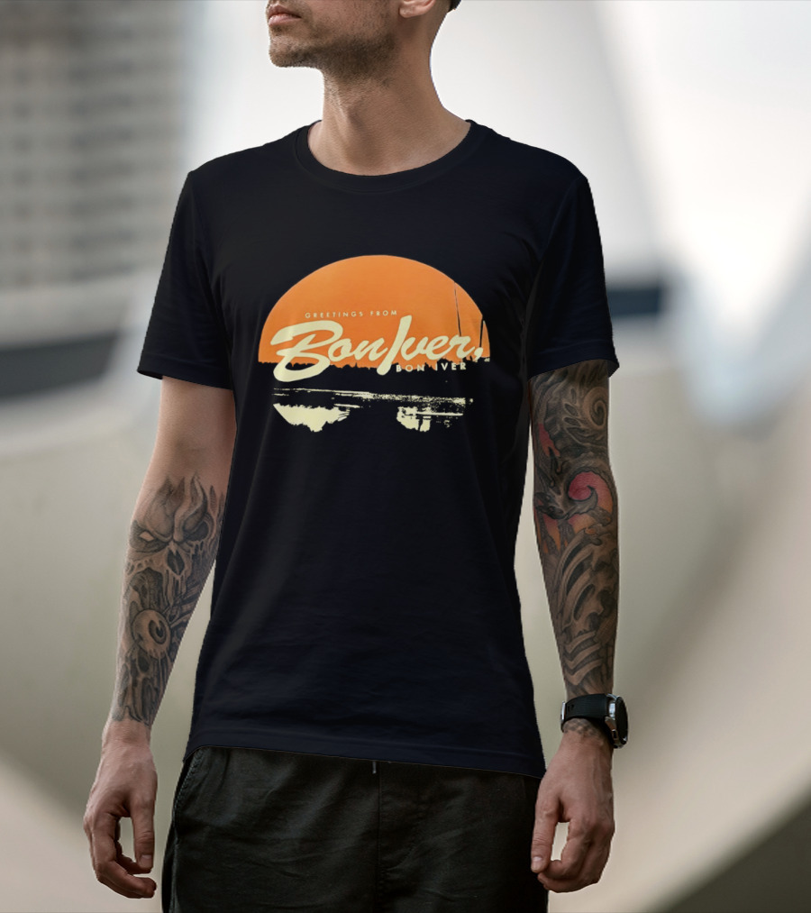 Greetings From Bon Iver Boniver Text Semi Circle Orange T-Shirt