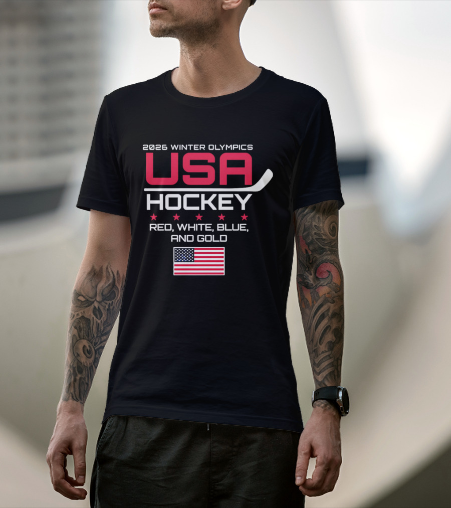 2026 Winter Olympics USA Hockey Red White Blue And Gold American Flag T-Shirt