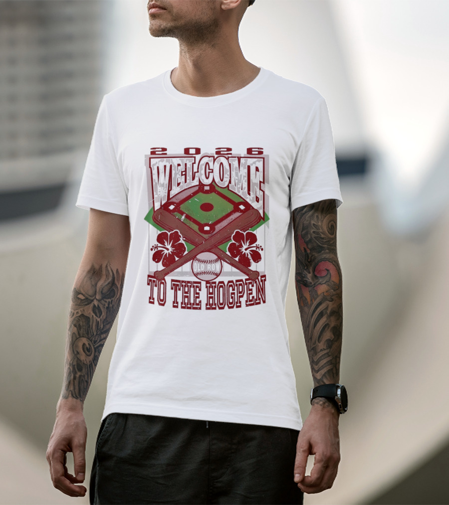 Arkansas Razorback Welcome To The Hogpen Baseball Field Floral Crossed Bats T-Shirt