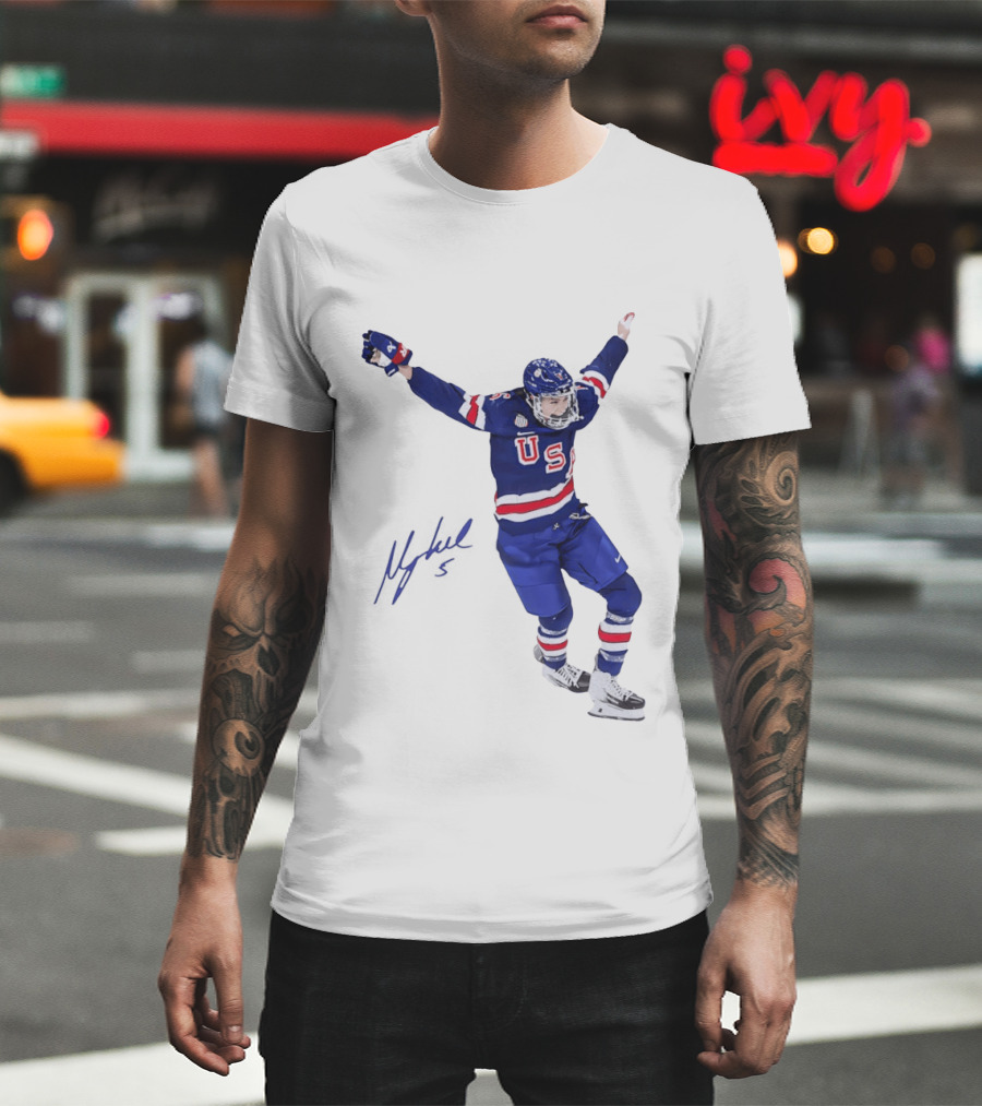 USA Team Hockey Megan Keller Blue Uniform Celebration T-Shirt