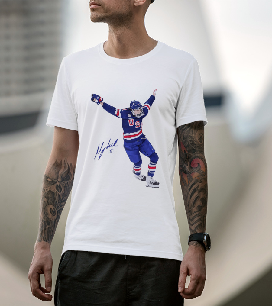 USA Team Hockey Megan Keller Blue Uniform Celebration T-Shirt