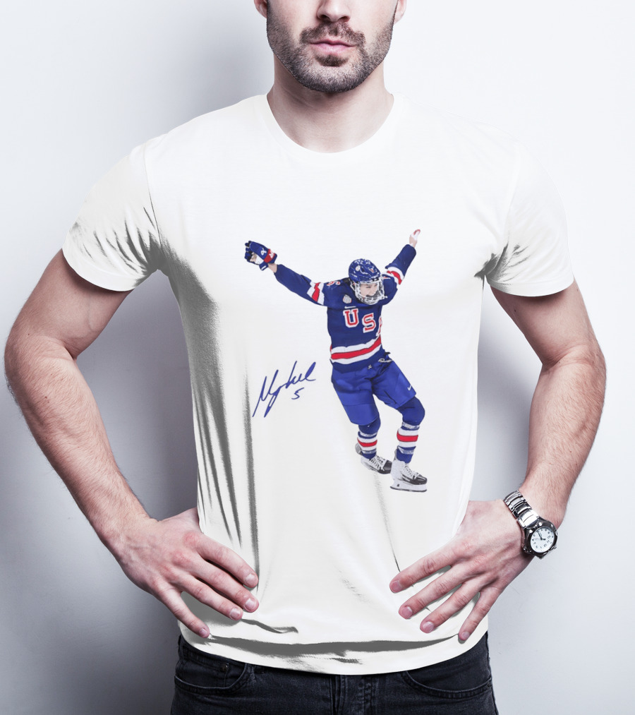 USA Team Hockey Megan Keller Blue Uniform Celebration T-Shirt