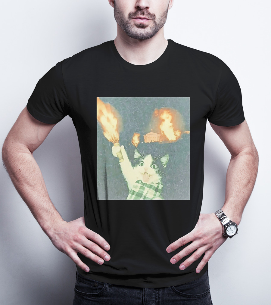Rebellious Cat Riot Scene With Flaming T-Shirt