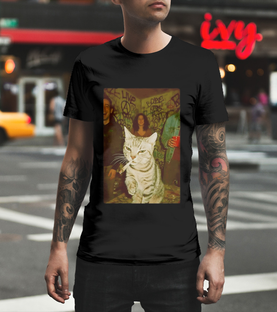 Smoking Tabby Cat Live Punk Party Scene T-Shirt