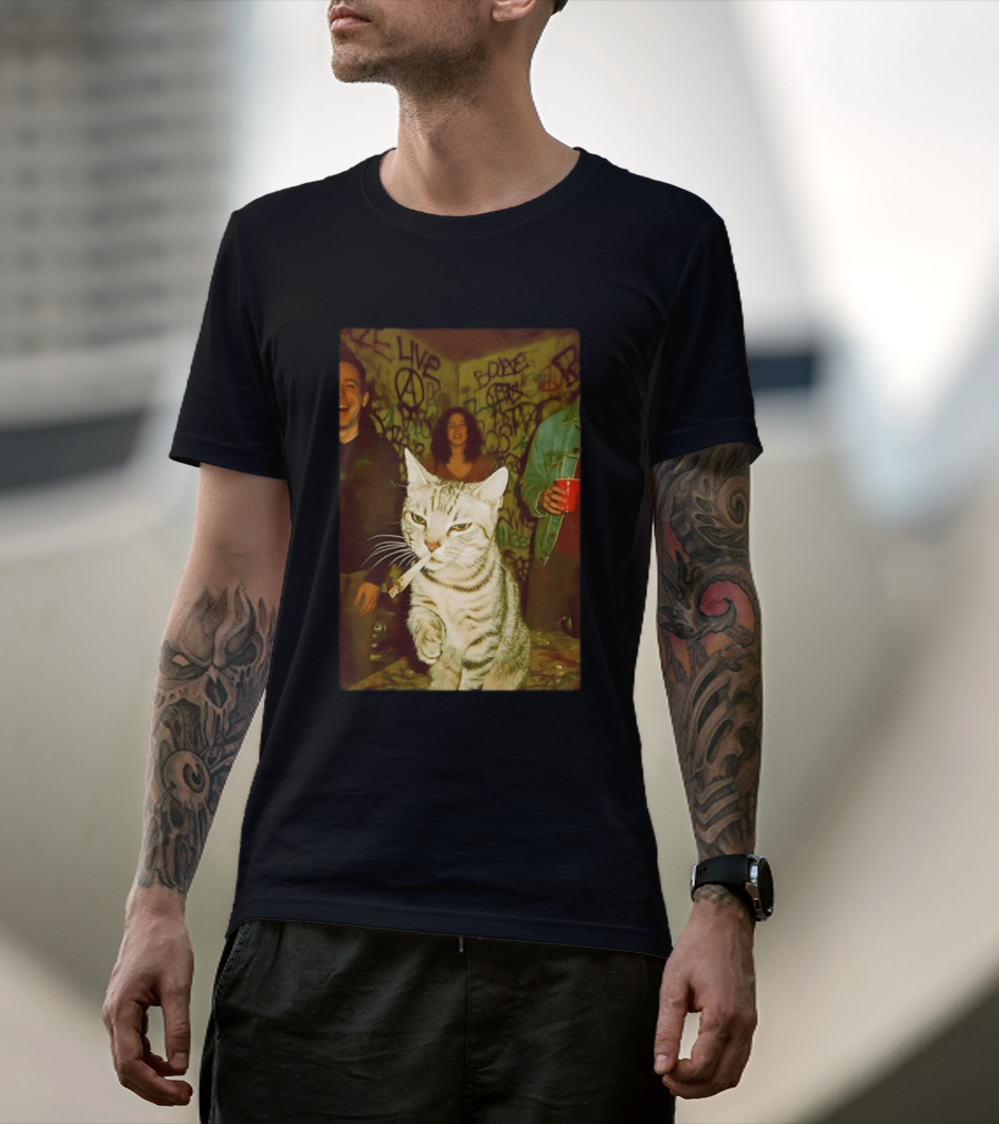 Smoking Tabby Cat Live Punk Party Scene T-Shirt