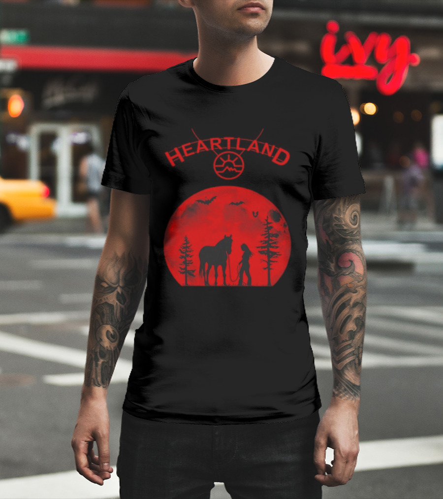 Heartland Ranch Red Moon Horse And Human Silhouette With Trees And Bats T-Shirt