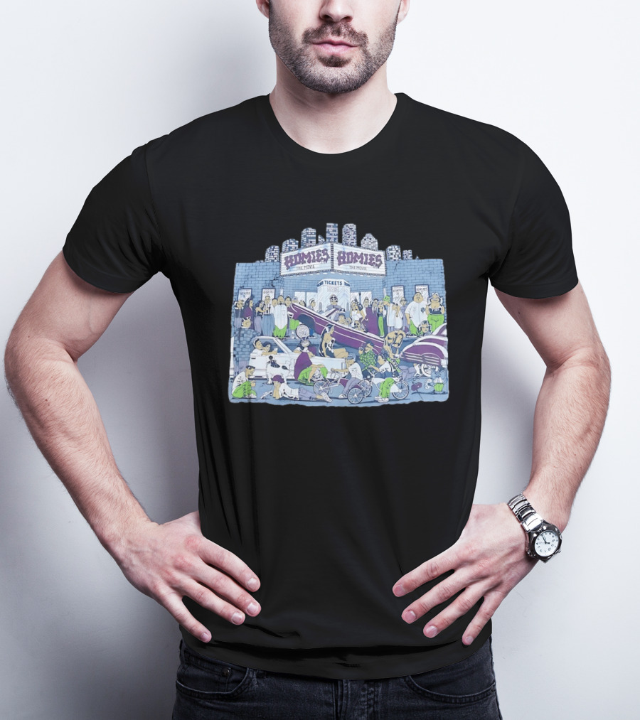 Homies The Movie Tickets Crowd Scene Skyscrapers Lowriders Bicycles T-Shirt
