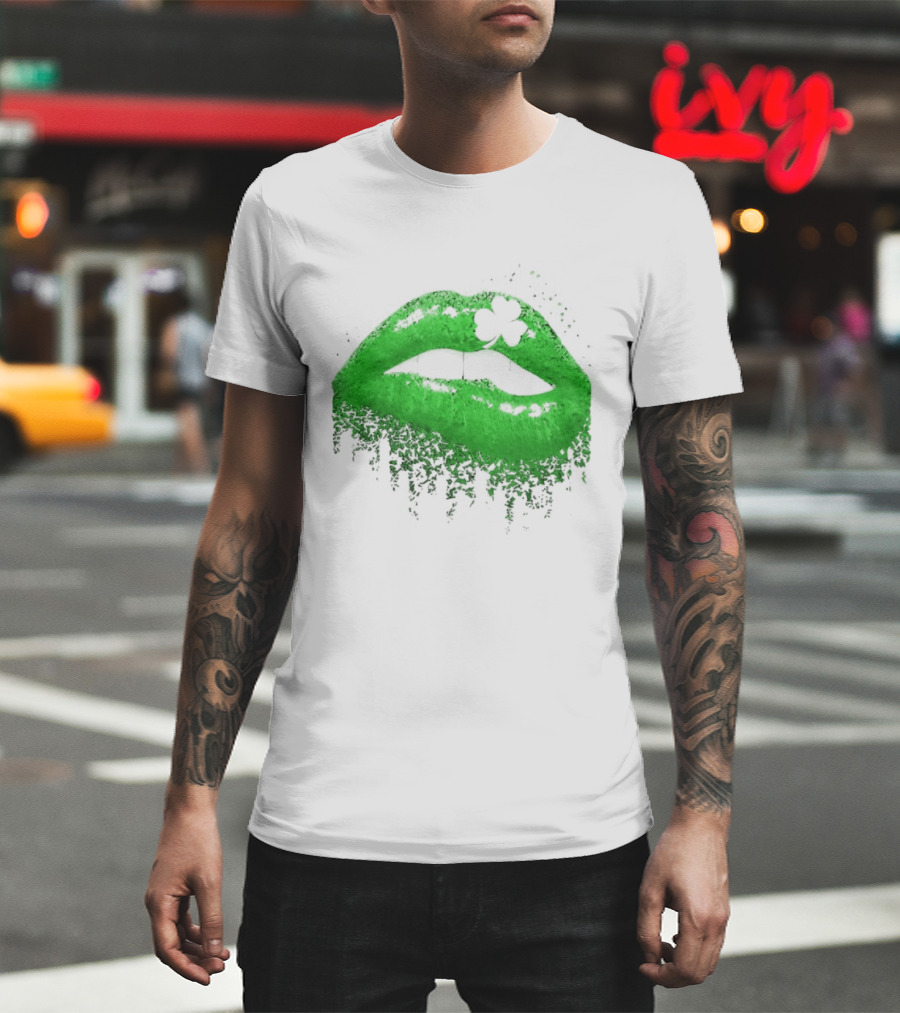 St Patrick's Day Green Lips Shamrock Shape T-Shirt