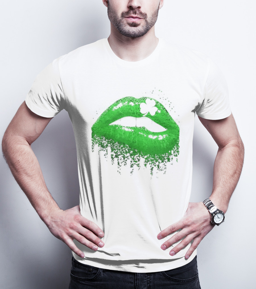 St Patrick's Day Green Lips Shamrock Shape T-Shirt