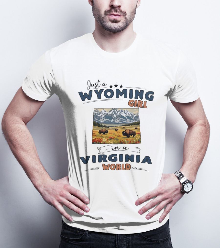 Just A Wyoming Girl In A Virginia World With Mountain And Bison Scene T-Shirt