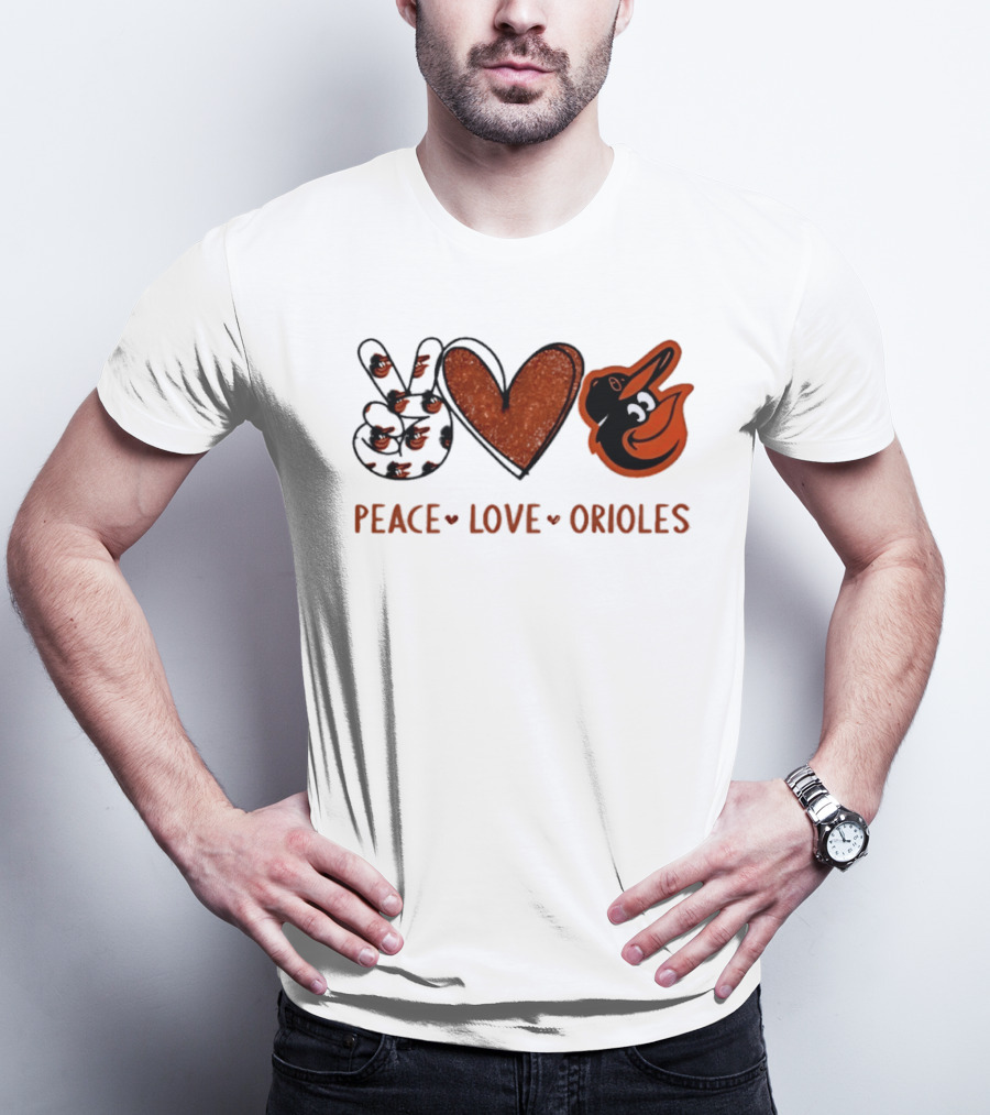 Peace Love Orioles Hand Sign Heart Shape Baltimore Orioles T-Shirt