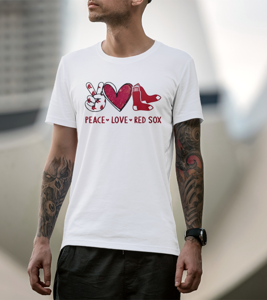 Peace Love Red Sox Hand Sign Heart Shape Socks T-Shirt