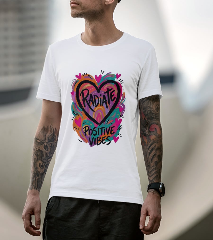 Radiate Positive Vibes Colorful Heart Shape T-Shirt
