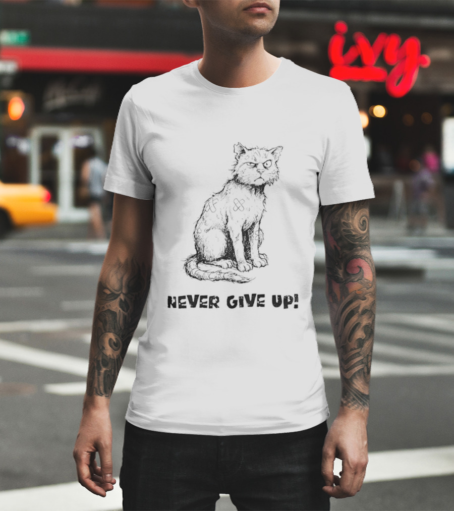 Cat Never Give Up Resilient Sketch Cat T-Shirt