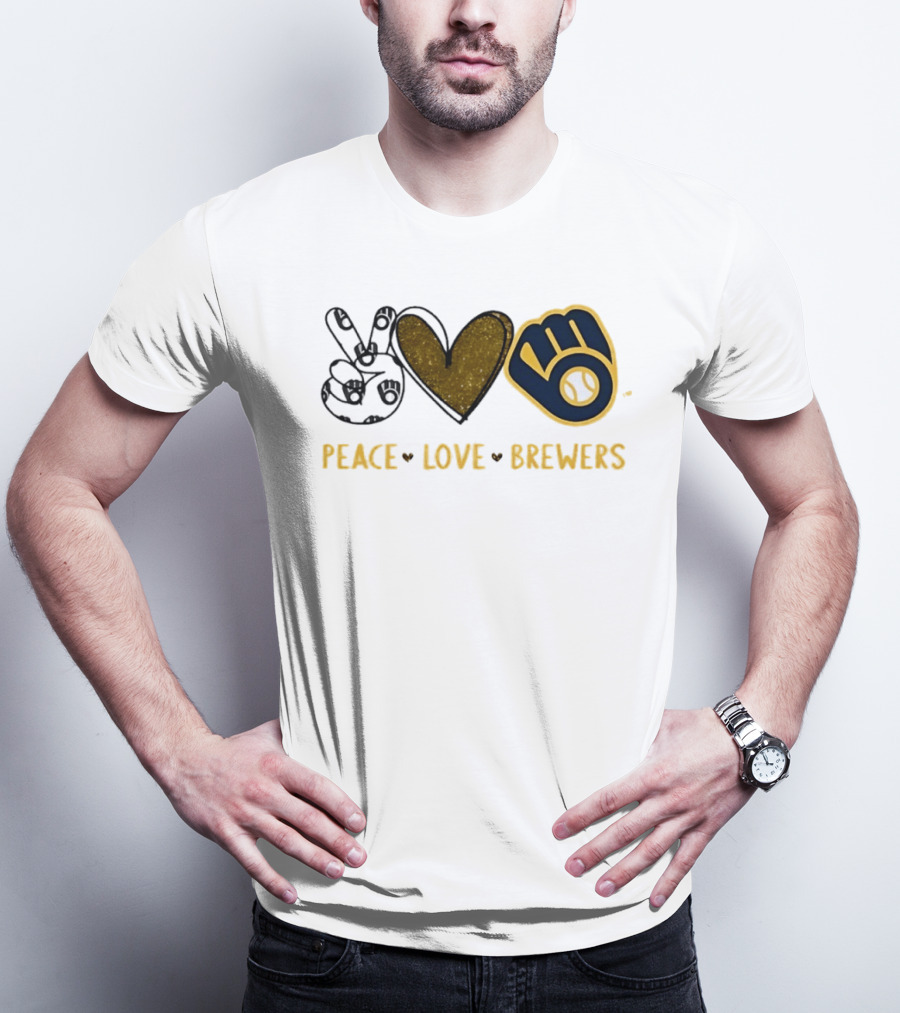 Milwaukee Brewers Peace Love Hand Sign Heart Shape T-Shirt